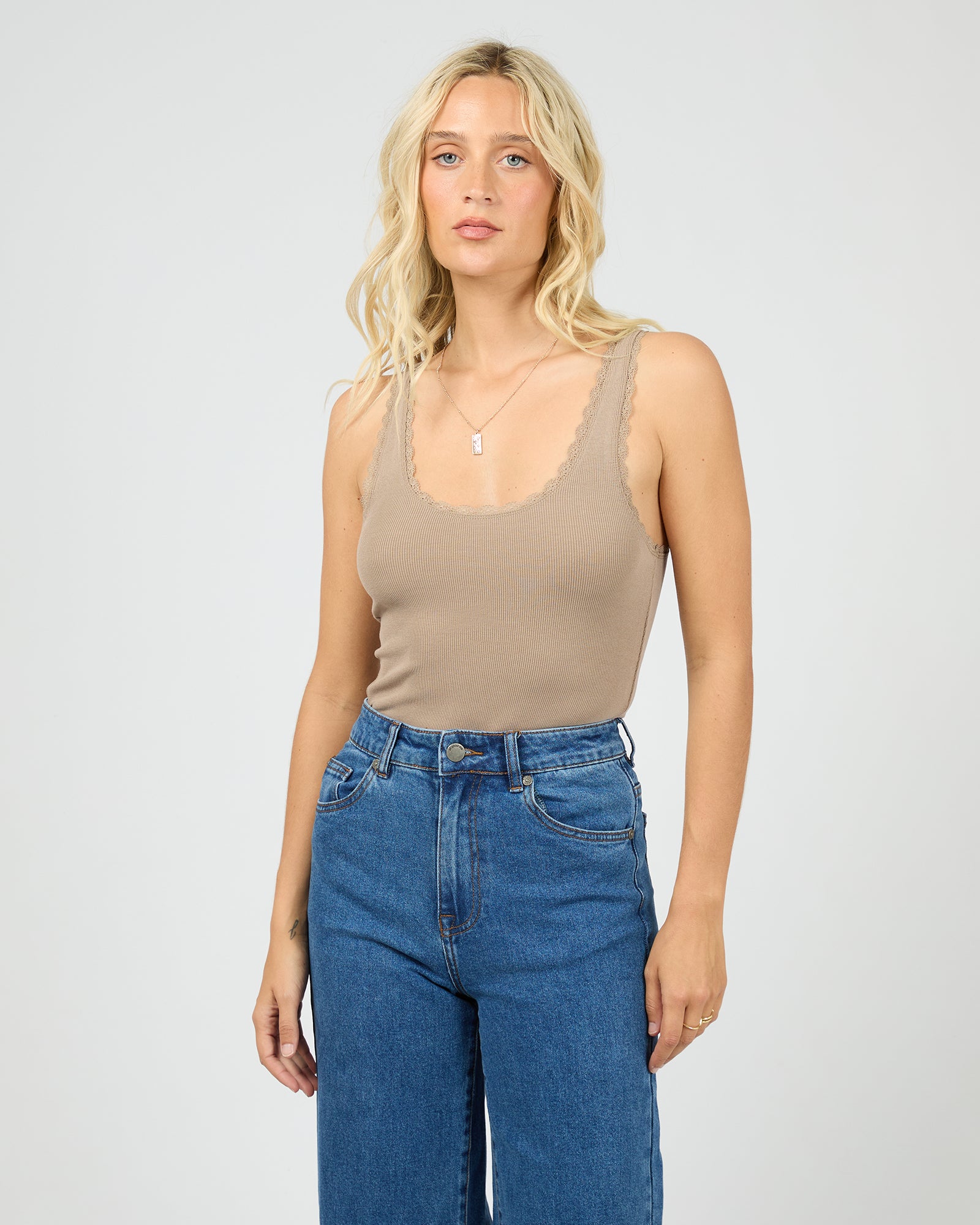 Washed Rib Lace Tank Stone – All About Eve Clothing